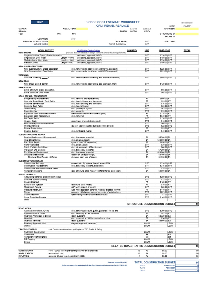 Bridge Scoping Cost Estimate Worksheet | PDF | Concrete | Building ...