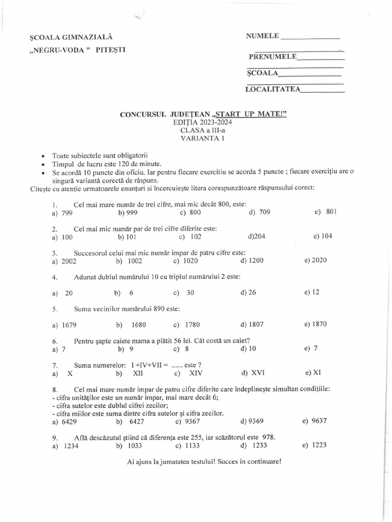 Start Up Mate Subiecte Si Bareme | PDF