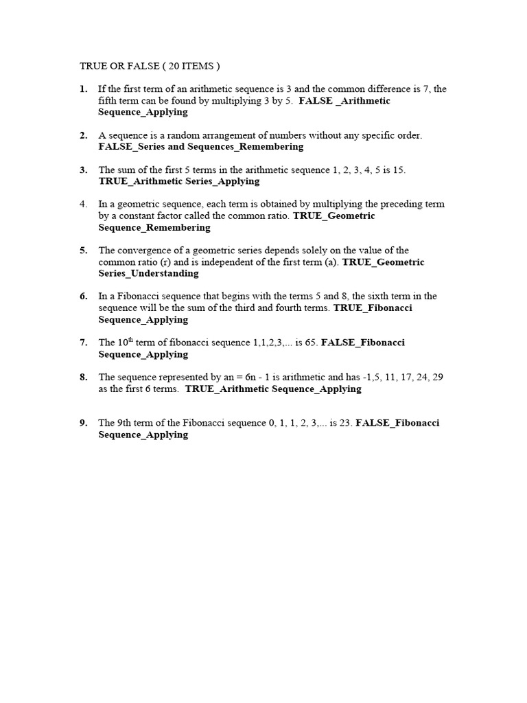 True or False Quiz Series and Sequence | PDF