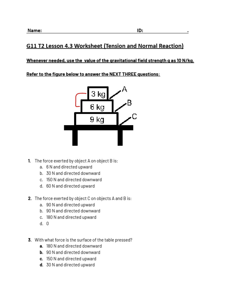 G11 T2 Lesson 4.3 Worksheet (Tension and Normal Reaction) (23-24) | PDF