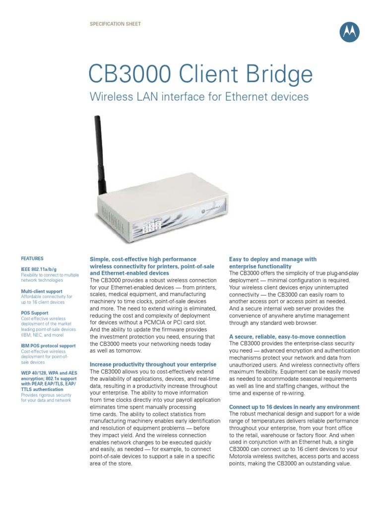 CB3000 Wireless Client Bridge Specs | PDF | Wireless Lan | Computer Network