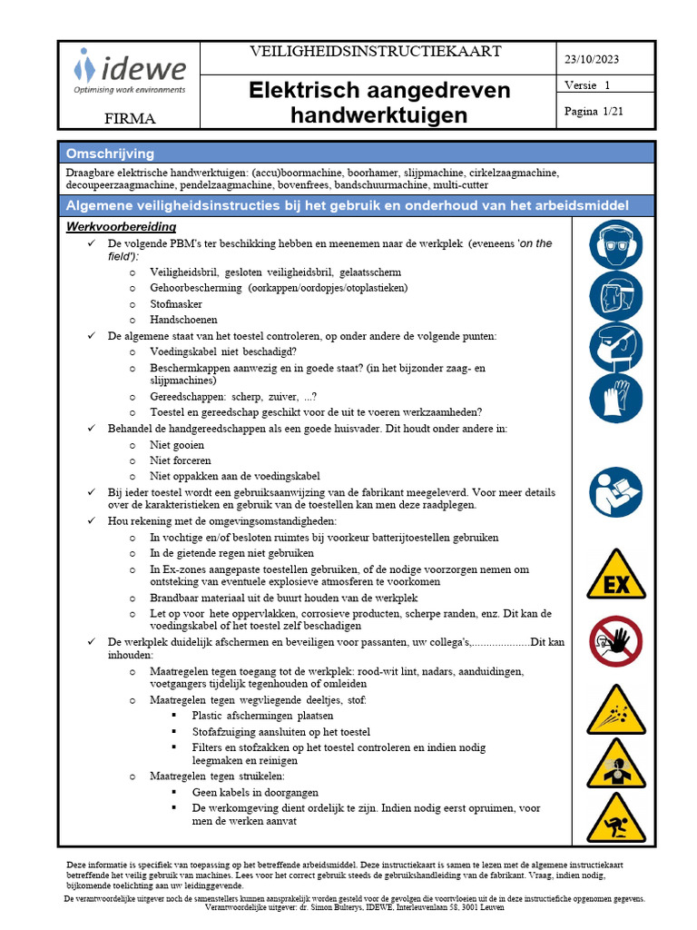 Instructiekaart Elektrisch Aangedreven Handwerktuigen | PDF