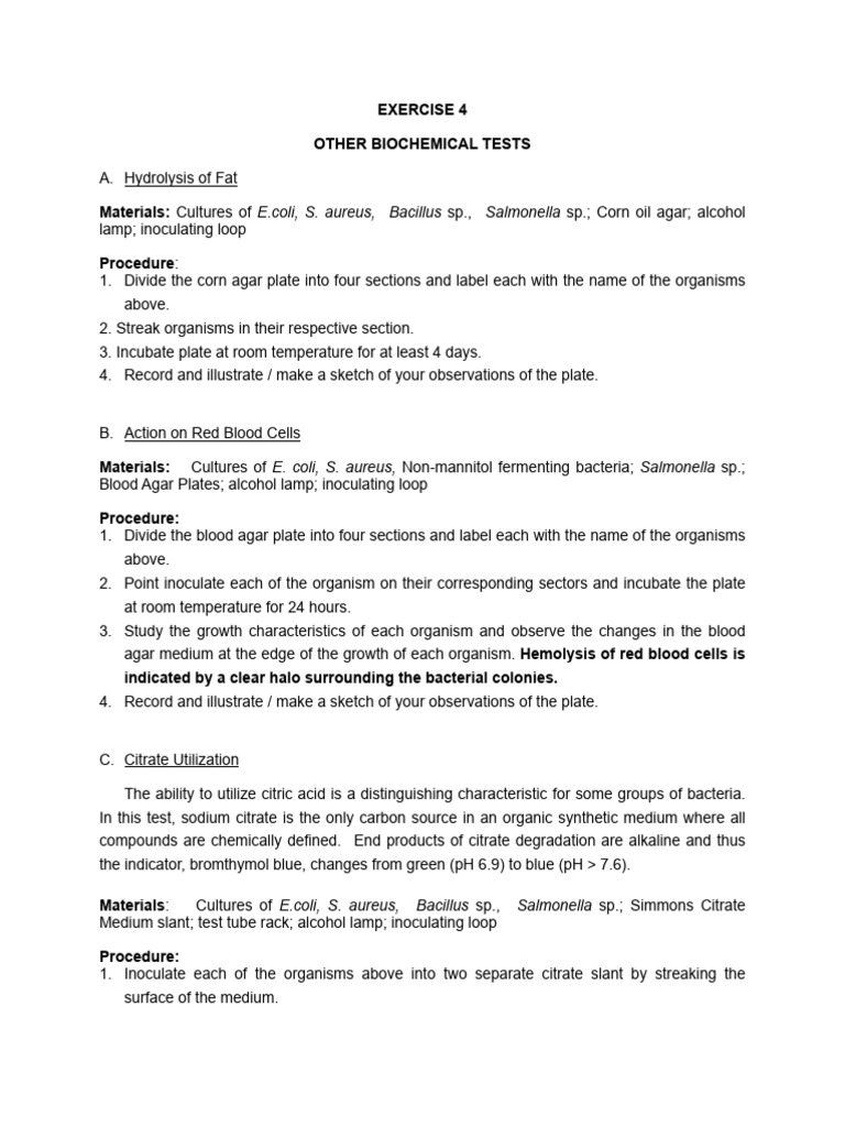 Exercise 4 Other Biochemical Tests | PDF Exercise 4 Other Biochemical Tests | PDF