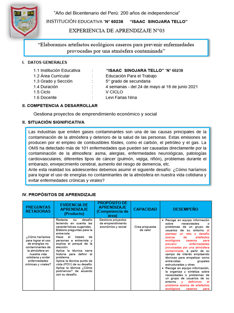 EXPERIENCIA DE APRENDIZAJE III - EPT 5 Grado | PDF