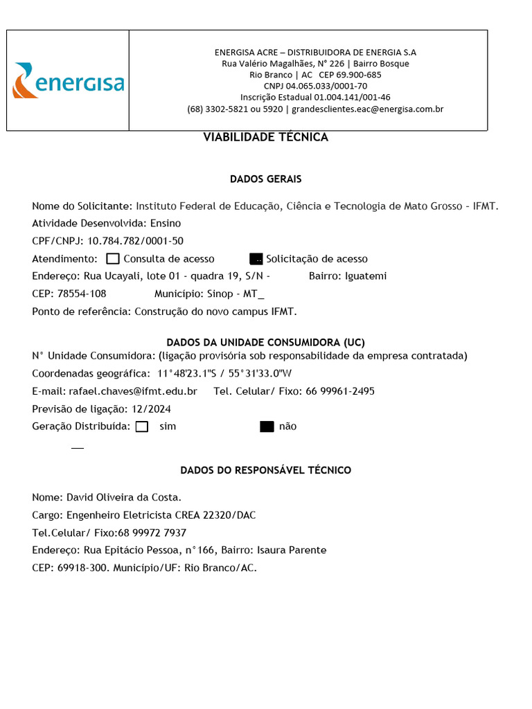 Formulário para Pedido de Viabilidade Técnica | PDF