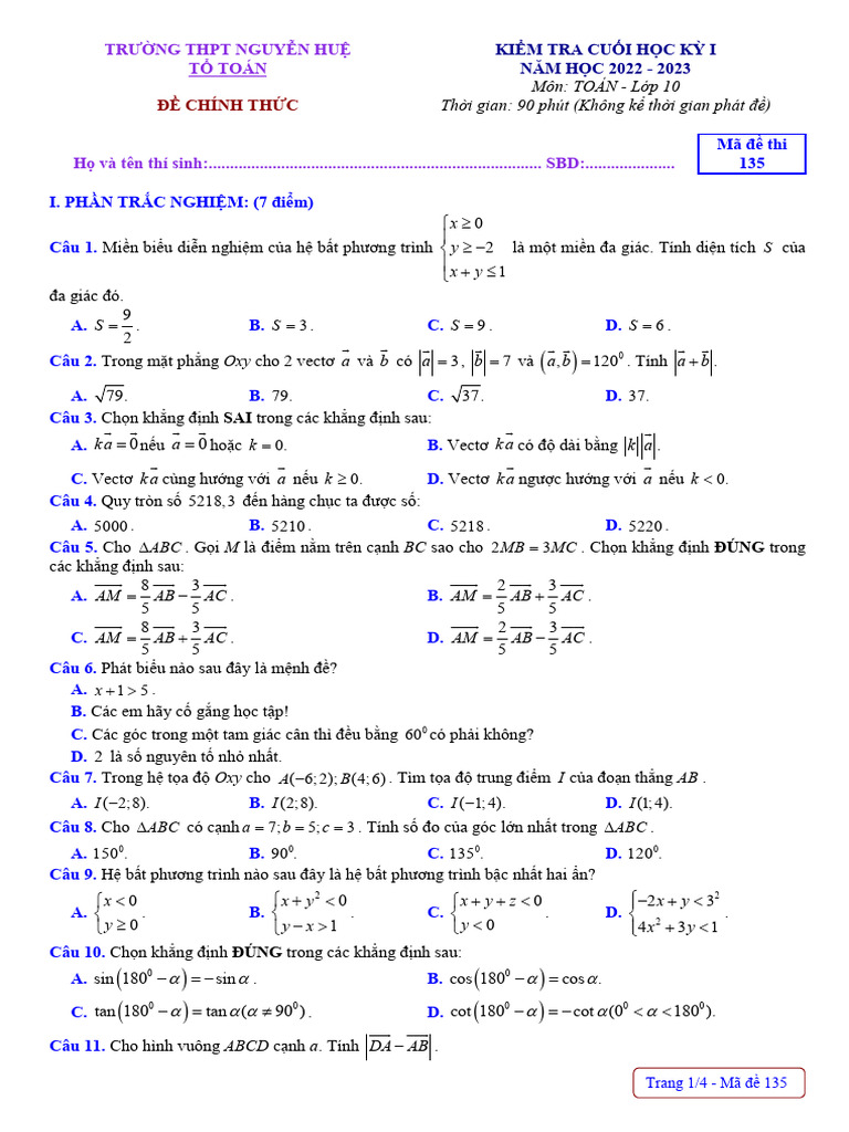 De Cuoi Hoc Ky 1 Toan 10 Nam 2022 2023 Truong THPT Nguyen Hue TT Hue | PDF