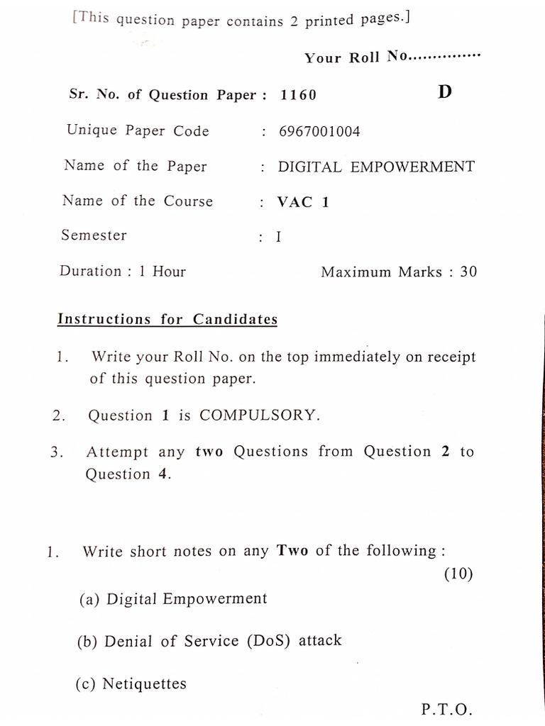Digital Empowerment Semester 1 Question Paper | PDF