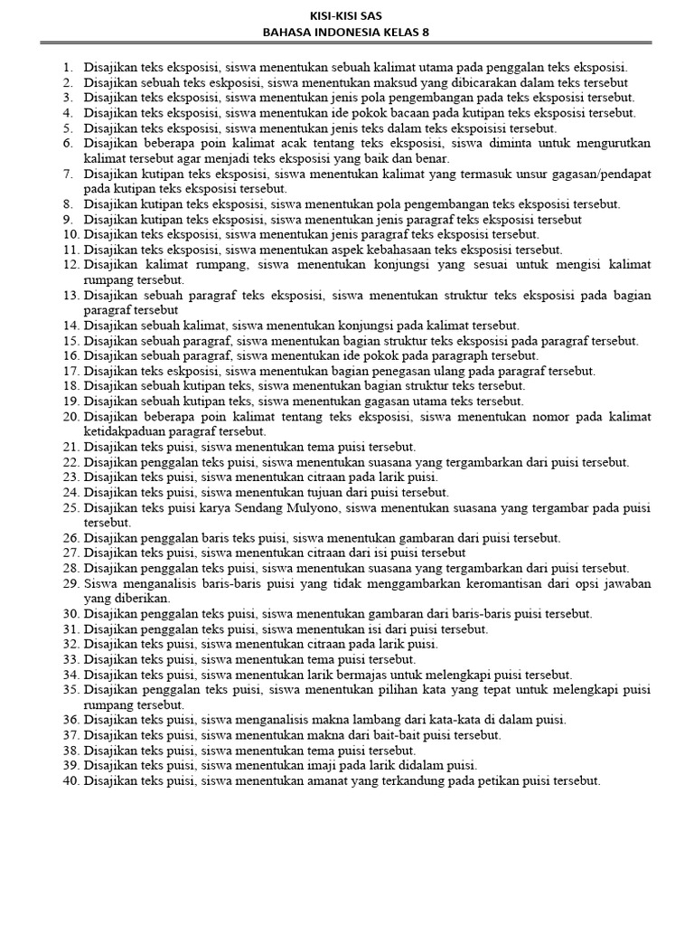 Kisi-Kisi Sas Bindo Kelas 8 2023-2024 | PDF | Kajian Bahasa Asing | Puisi