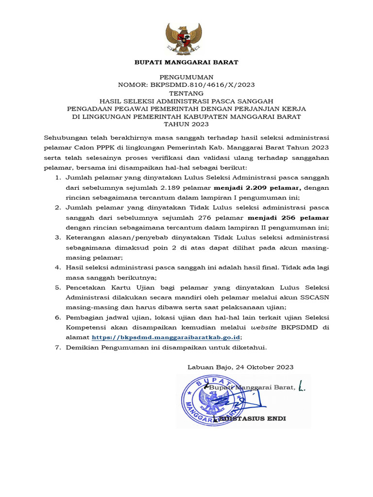 Pengumuman Hasil Seleksi Administrasi Pasca Sanggah Pelamar PPPK 2023 | PDF