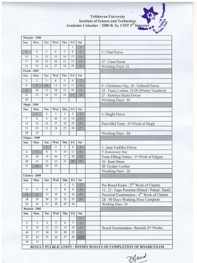 Calendar B.SC - Csit 1 | PDF