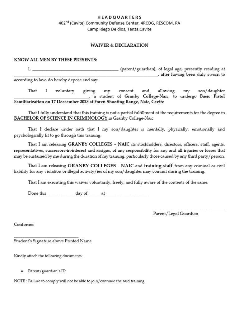 Parent Consent Waiver Firing | PDF