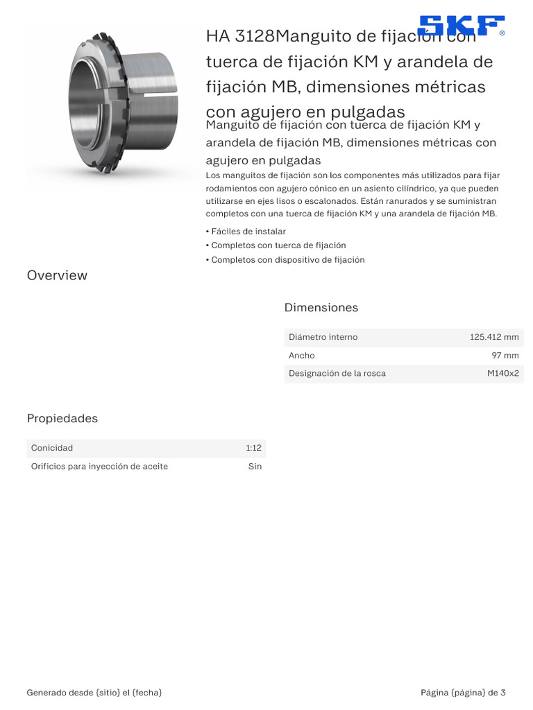 SKF HA 3128manguito de Fijación Con Tuerca de Fijación KM y Arandela de ...