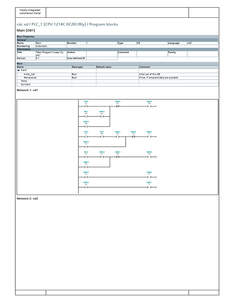 Các VD / PLC - 1 (CPU 1214C DC/DC/Rly) / Program Blocks: Main (OB1) | PDF | Computing | Computer ...