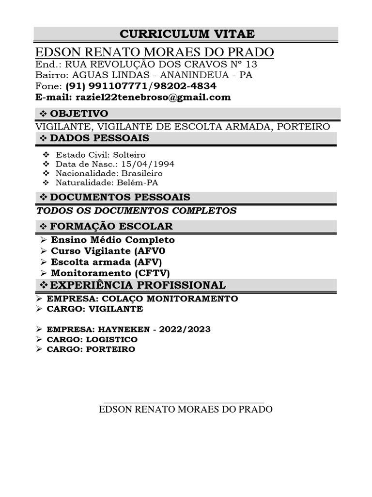 Edson Prado: Vigilante e Porteiro Experiente | PDF