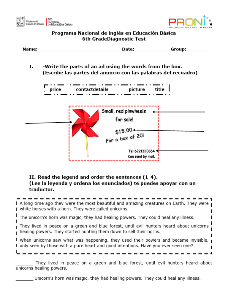 6th Grade Diagnostic Test (Instrucciones Español) | PDF