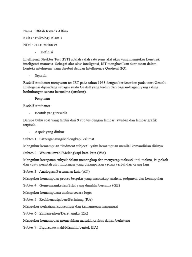 Panduan Tes IST untuk Psikologi | PDF
