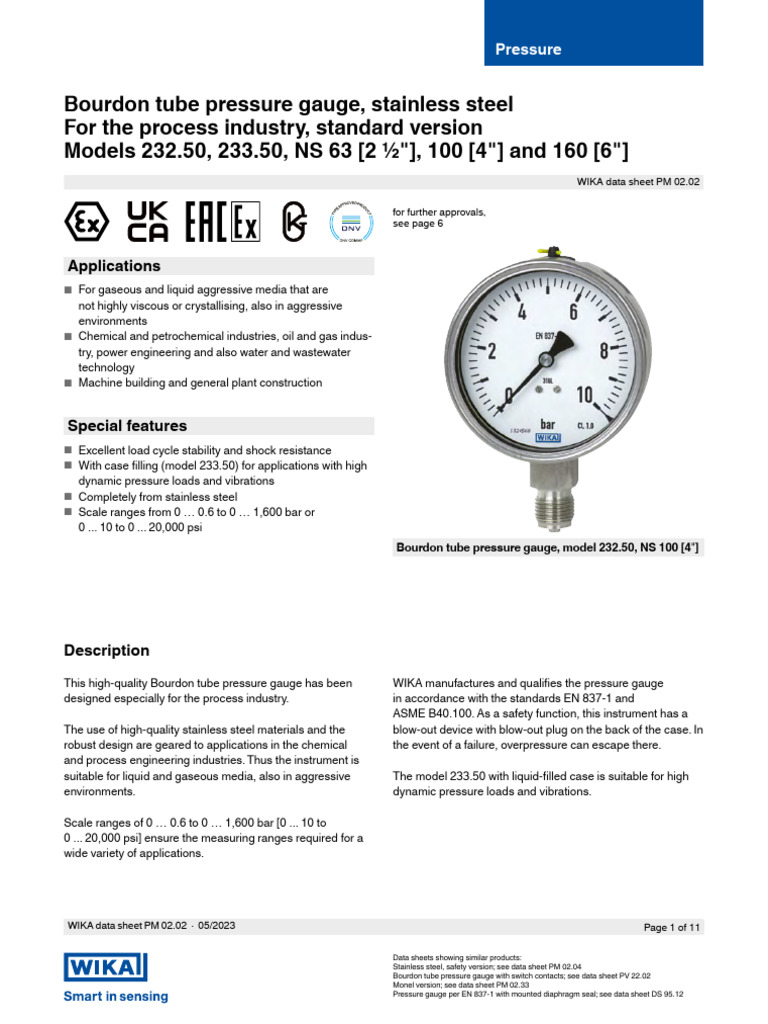 Datasheet For WIKA Pressure Guage | PDF | Pressure Measurement | Metrology