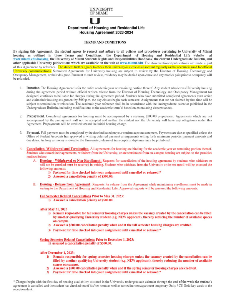 Housing Agreement 2023 2024 Final 1 | PDF