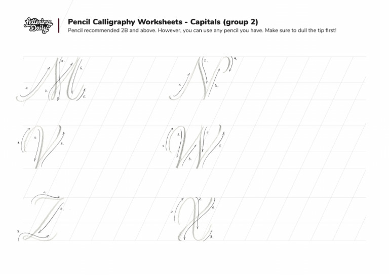 Pencil-Calligraphy-Worksheets---Capitals-(group-2)---Lettering-Daily | PDF