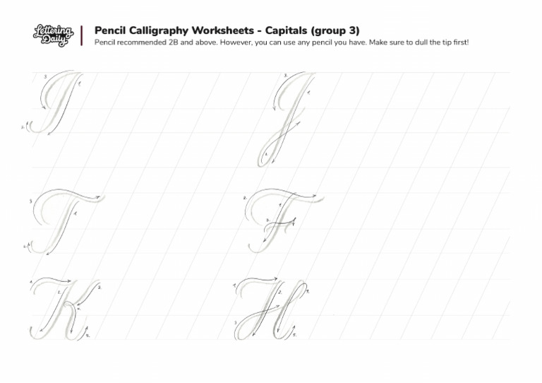 Pencil Calligraphy Worksheets Capitals (Group 3) Lettering Daily | PDF
