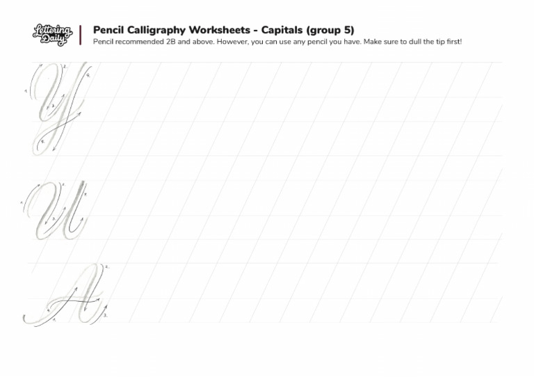 Pencil Calligraphy Worksheets Capitals (Group 5) Lettering Daily | PDF