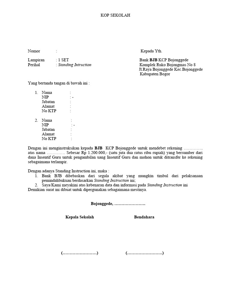 Standing Instruction Insentif Guru BJB | PDF