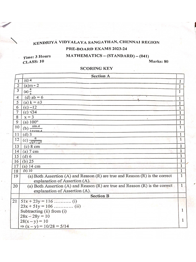 I Pre Board Maths Standard Answer Key | PDF