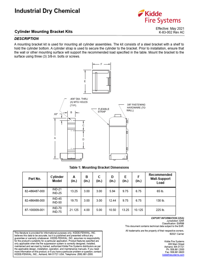 Kidde Industrial Dry Chemical Cylinder Mounting Bracket Kits K-83-002 | PDF