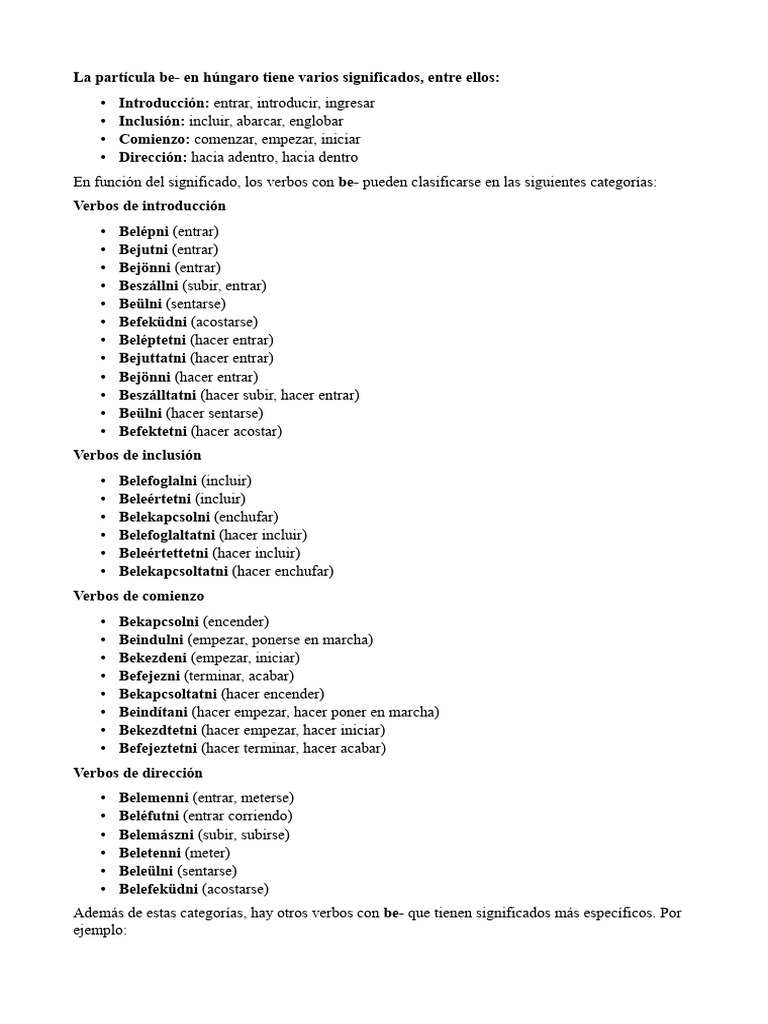 Verbos compuestos con "be-" en húngaro | PDF | Verbo | Unidades Semánticas