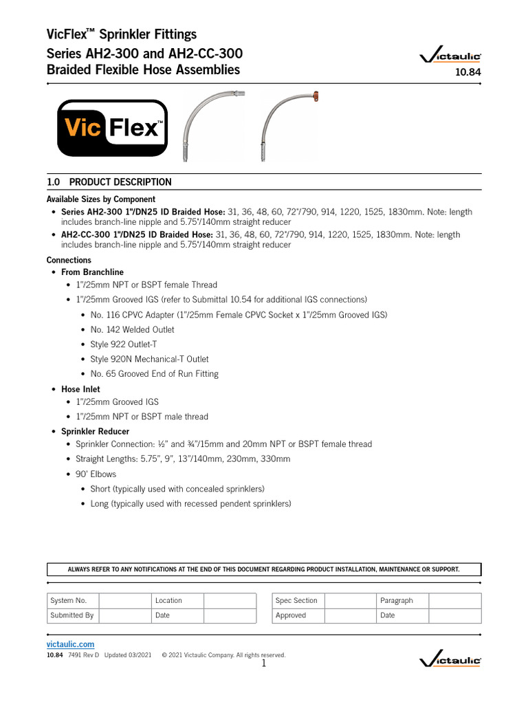 Vicflex Sprinkler Fittings Series Ah2-300 and Ah2-Cc-300 Braided ...