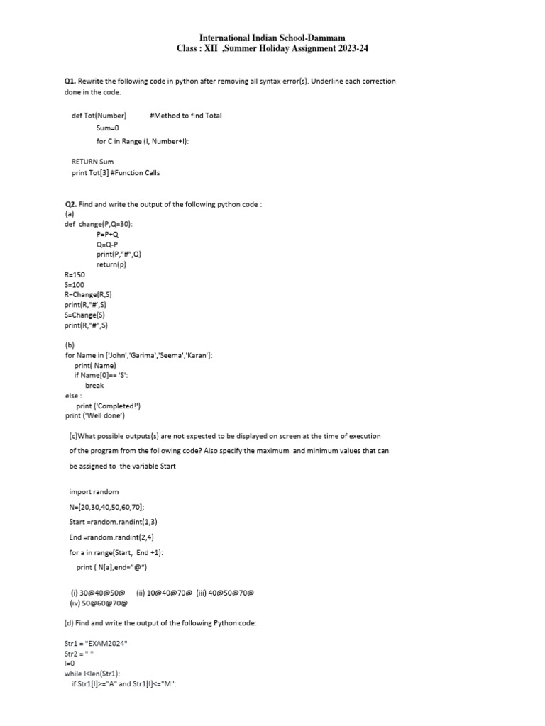 Summer_Assign_XII_2023-24 | PDF | Python (Programming Language) | Programming Paradigms