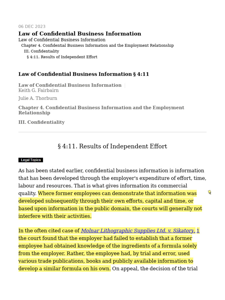 Law of Confidential Business Information | PDF | Employment | Damages