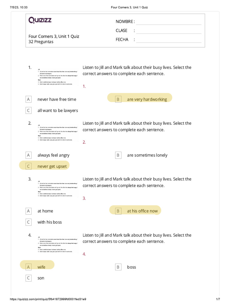 Four Corners 3, Unit 1 Quiz, SOLUCION | PDF