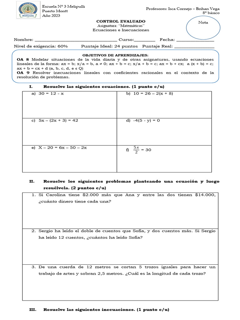 Ecuaciones e Inecuaciones 8vo | PDF | Ecuaciones | Matemáticas