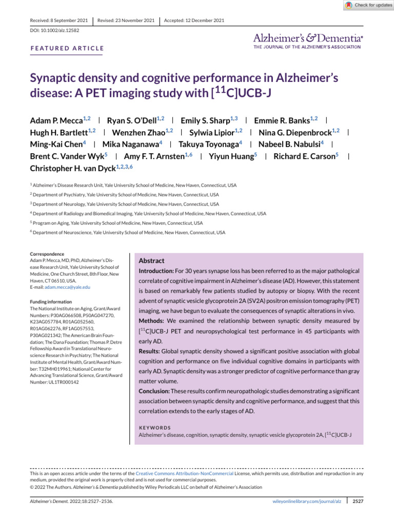 2022 - Alzheimer S Dementia - 2022 - Mecca - Synaptic Density and ... 2022 - Alzheimer S Dementia - 2022 - Mecca - Synaptic Density and ...