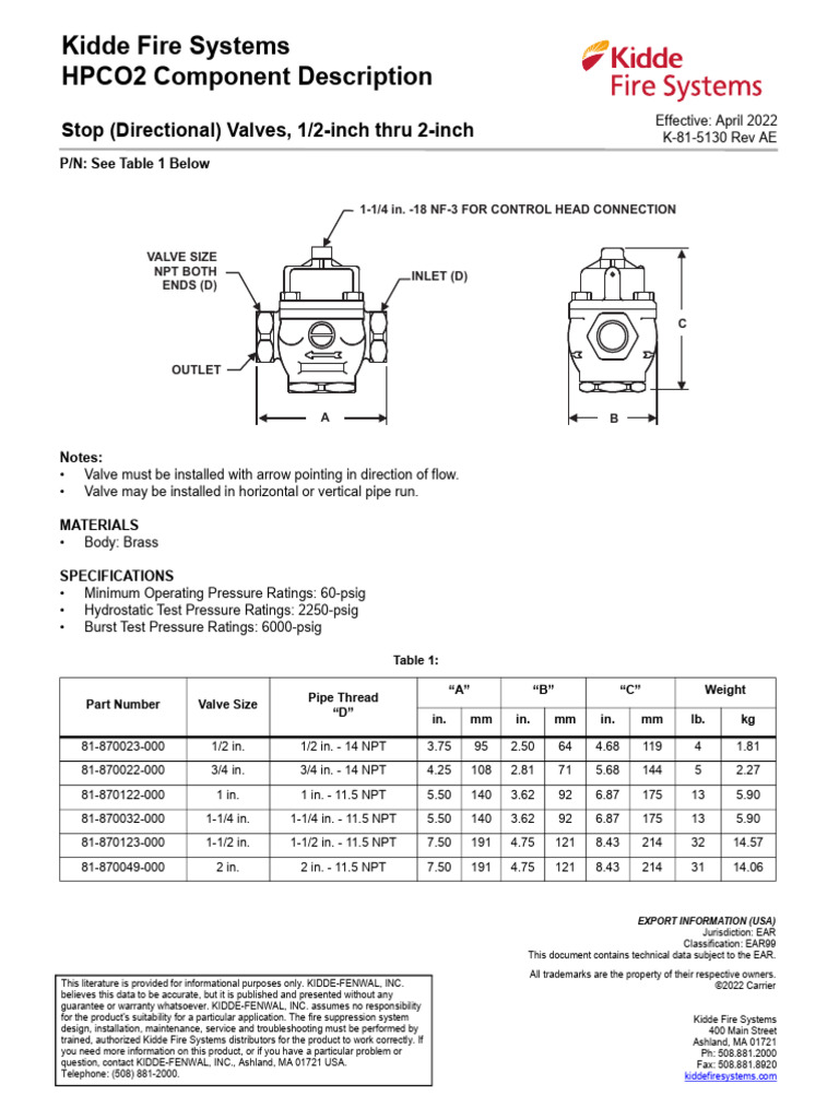 Kidde Fire Systems HPCO2 Component Description: Stop (Directional) Valves, 1/2-Inch Thru 2-Inch ...