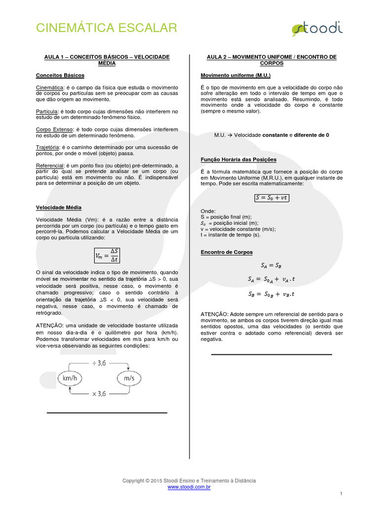 Cinematica Escalar Resumo | PDF | Velocidade | Cinemática