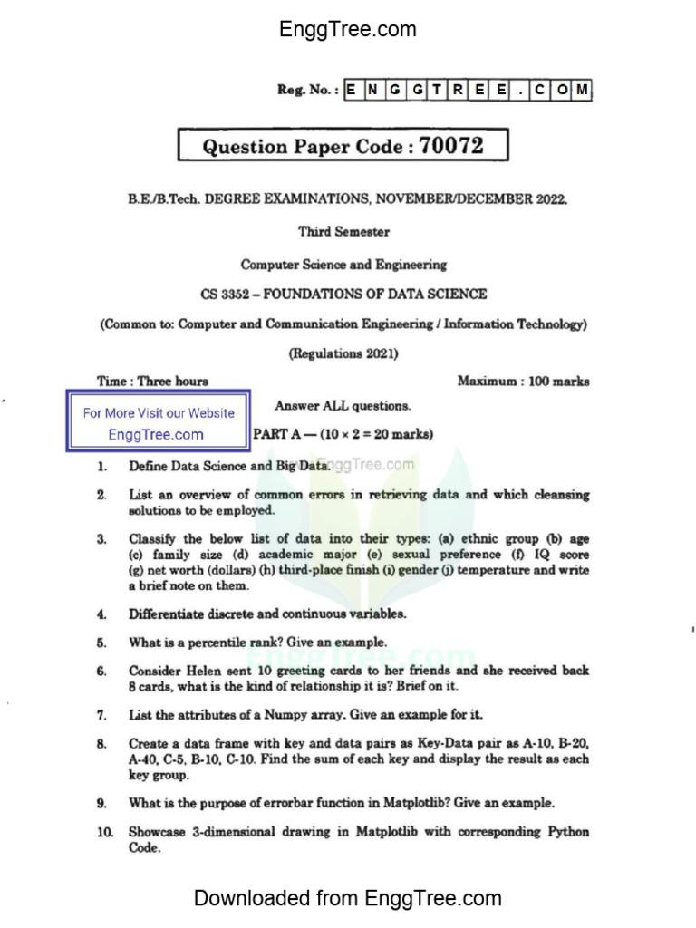 Foundations of Data Science Question Paper Download | PDF
