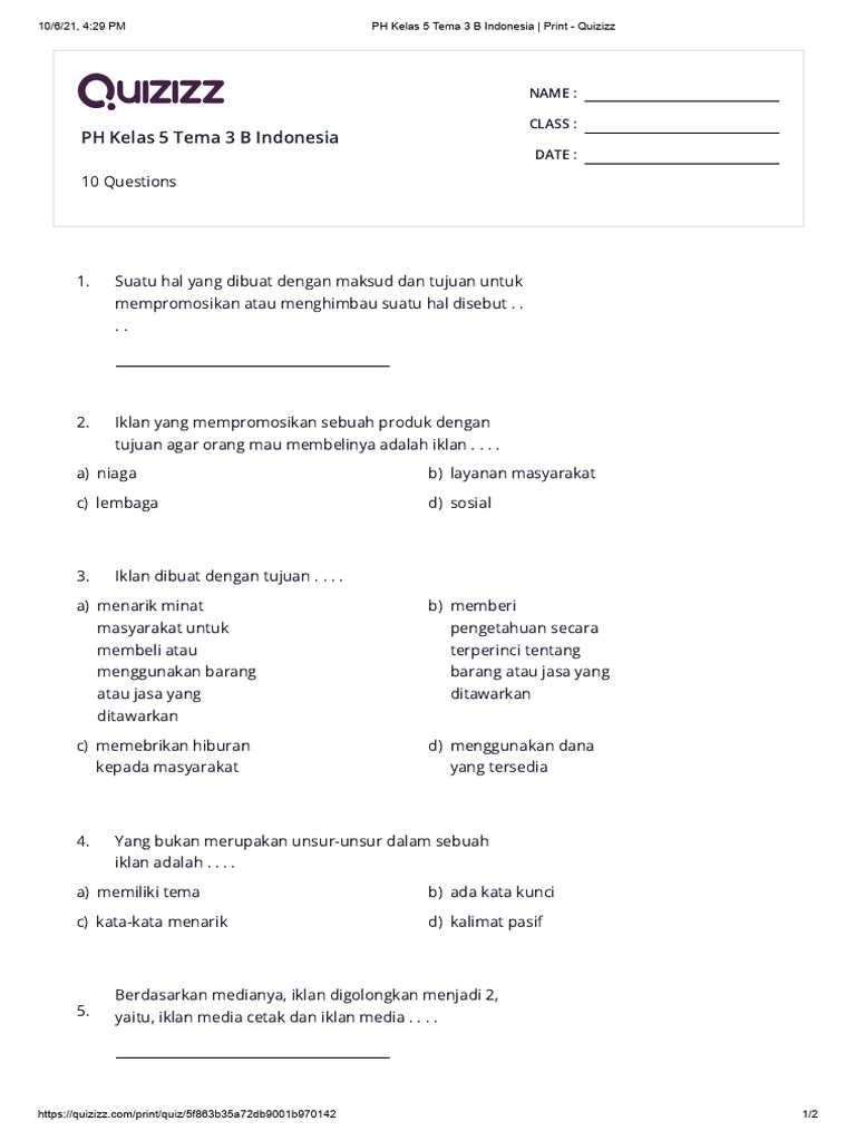 PH Kelas 5 Tema 3 B Indonesia - Print - Quizizz | PDF