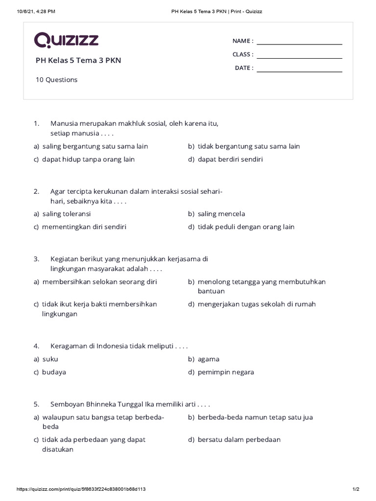 PH Kelas 5 Tema 3 PKN - Print - Quizizz | PDF