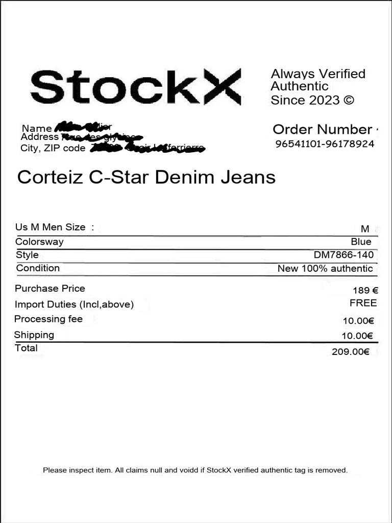 StockX Receipt Example for Corteiz Order | PDF