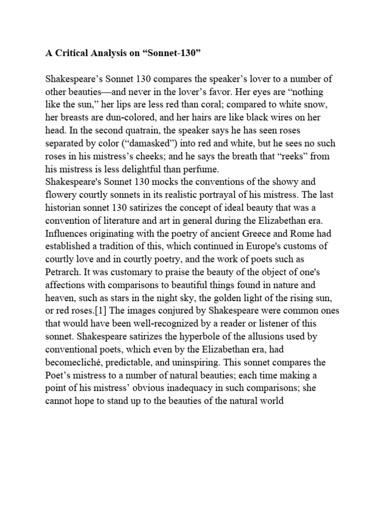 A Critical Analysis On Sonnet 130 & 147 | PDF