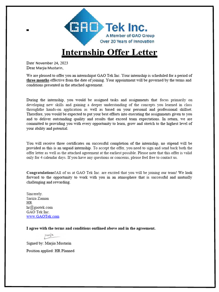 INTERN OFFER LETTER- Gaotek | PDF