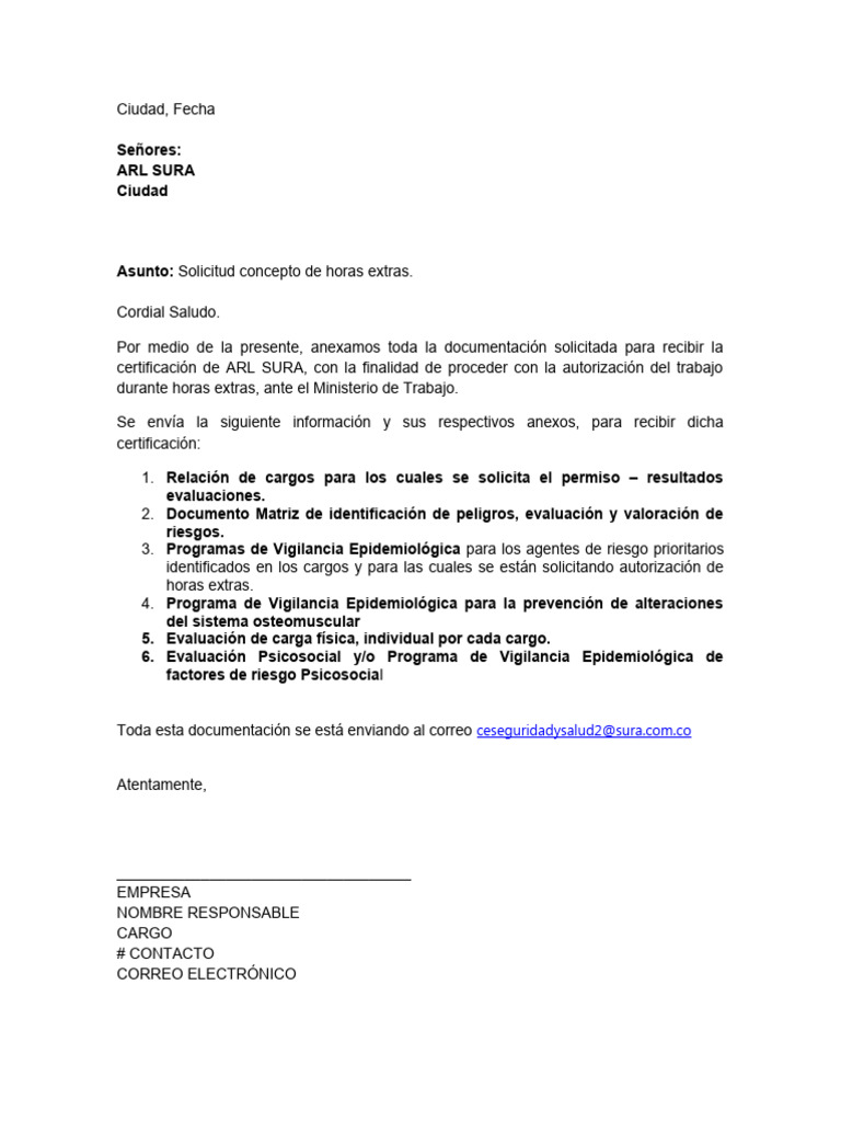 Carta Ejemplo para Las Empresas Solicitar Ante ARL Sura 2023 | PDF
