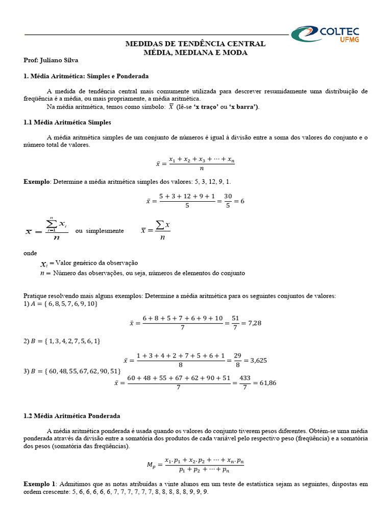 Medidas de Tendência Central - Média, Moda e Mediana | PDF | Média ...