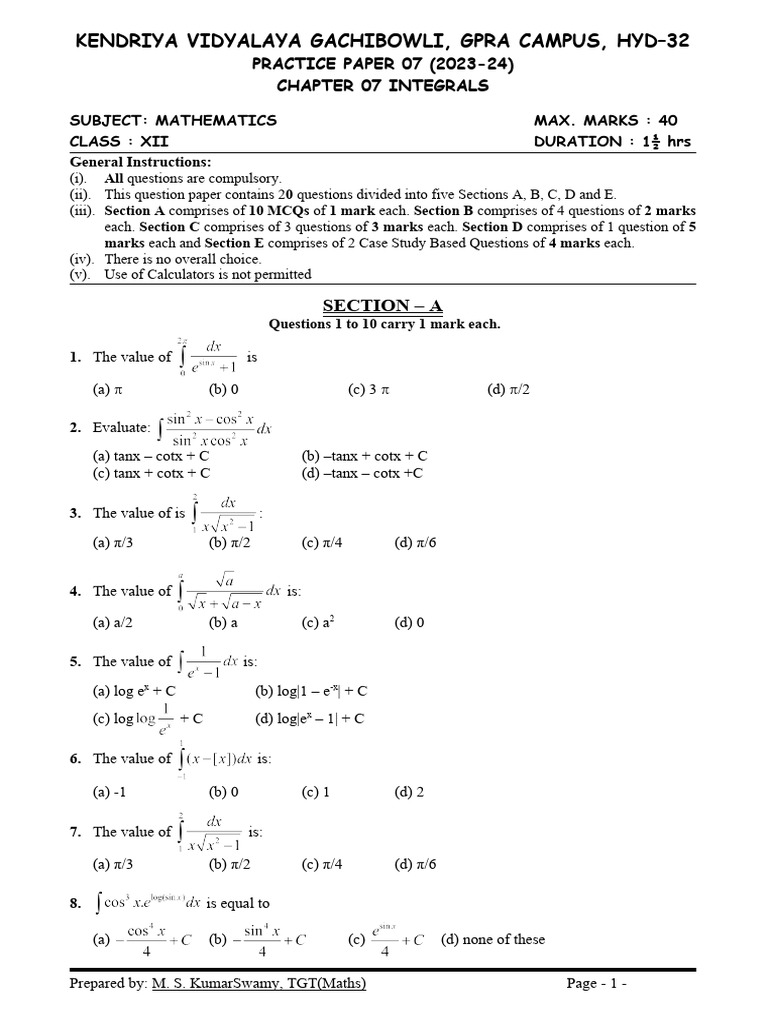 Integrals Practice Paper | PDF