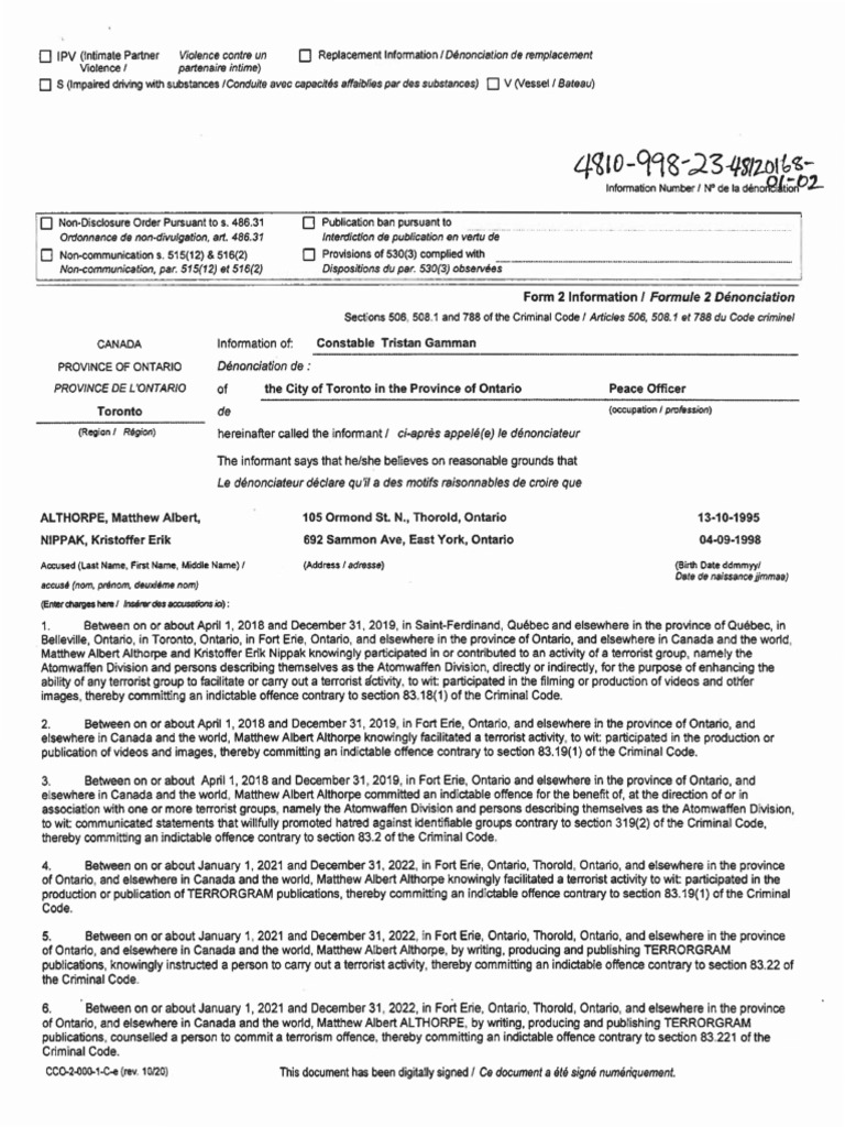 Charging Documents: Kristoffer Nippak and Mathew Althorpe | PDF | Judge ...