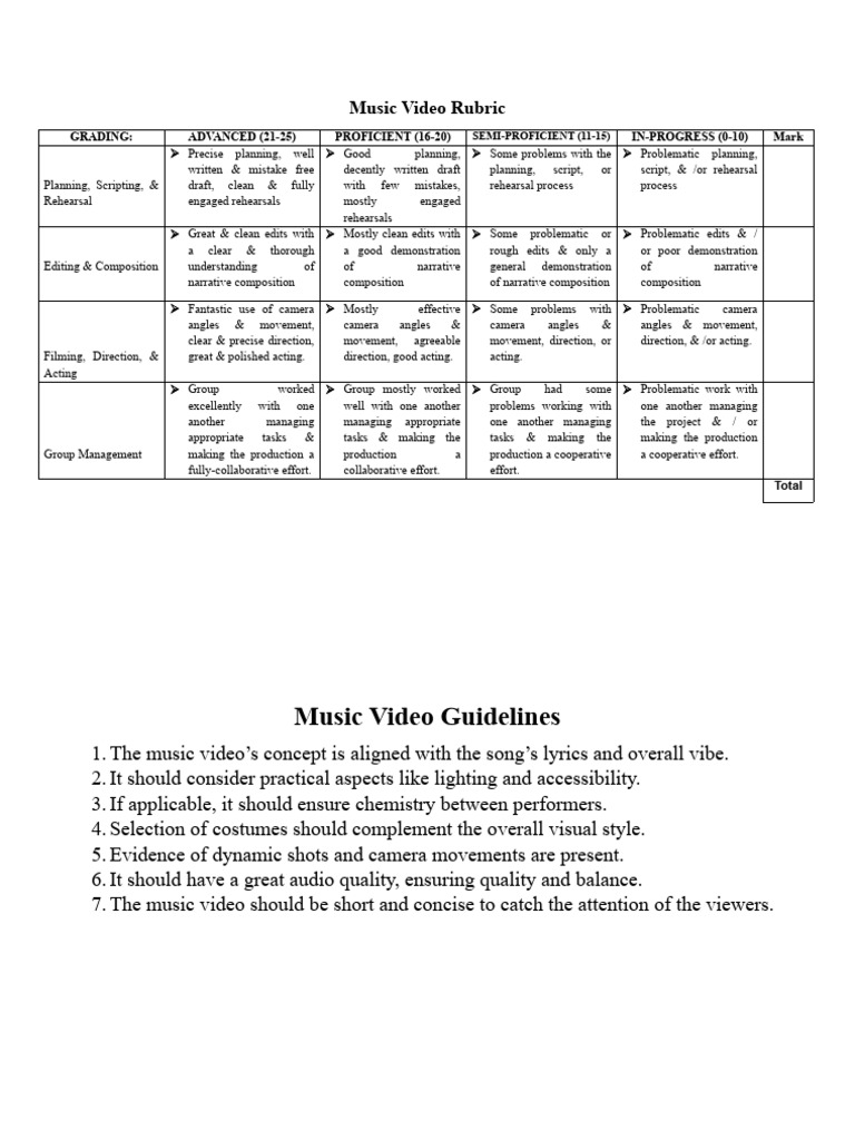 Music Video Guidelines and Rubric | PDF | Career & Growth | Language ...