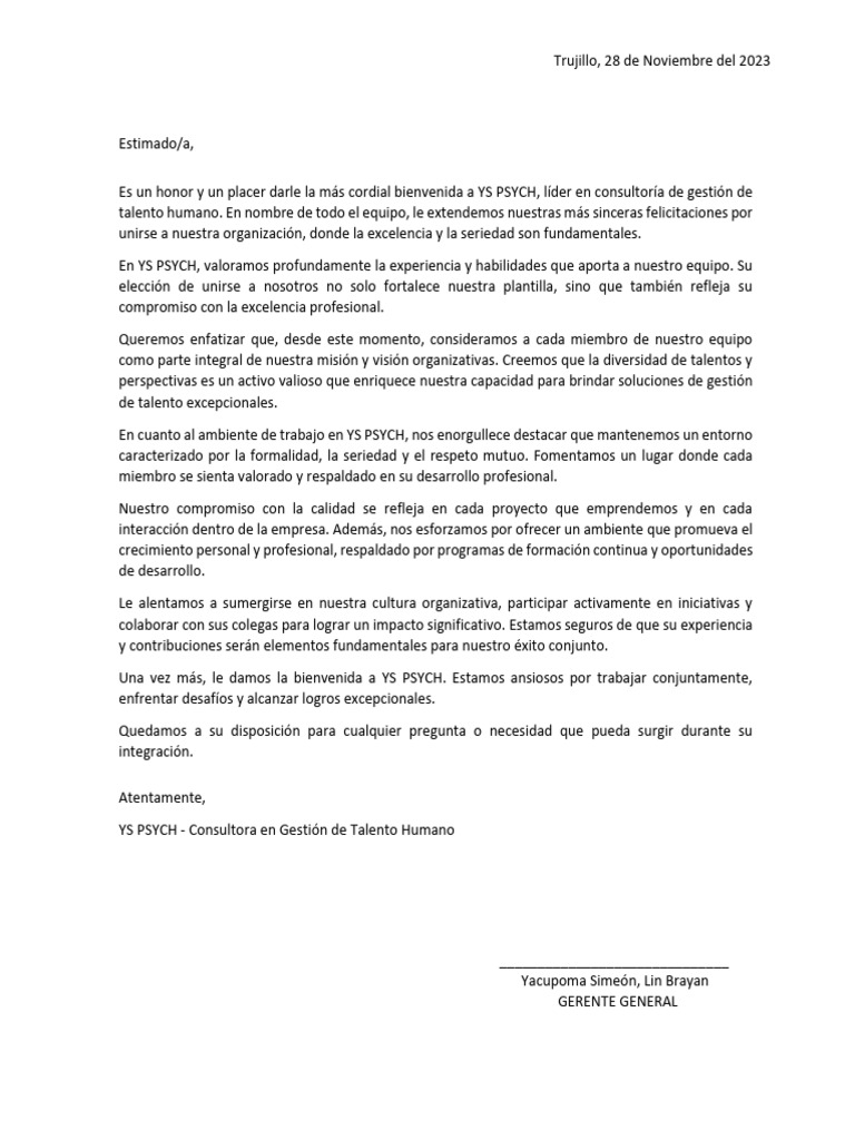 Carta de Bienvenida | PDF