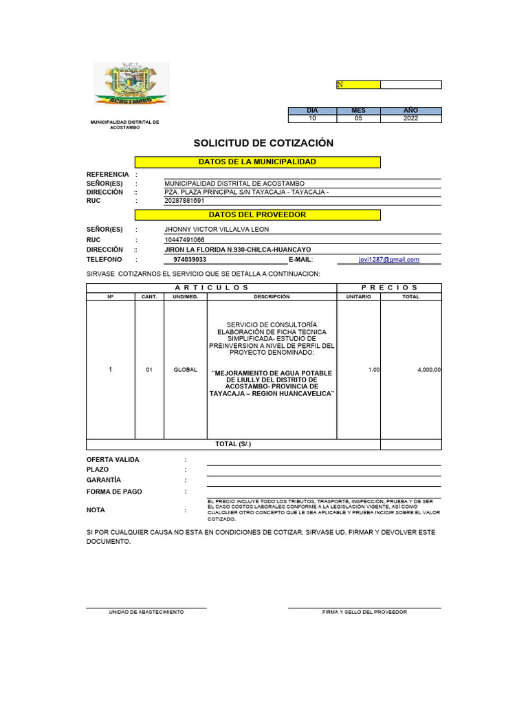 Solicitud de Cotizacion Agua Potable Acostambo | PDF | Economias